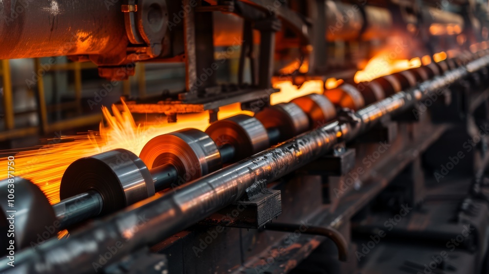 Fiery steel works inside a factory, with sparks flying off glowing ...