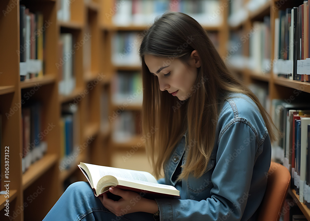 A female university student sits quietly reading a book alone in the ...