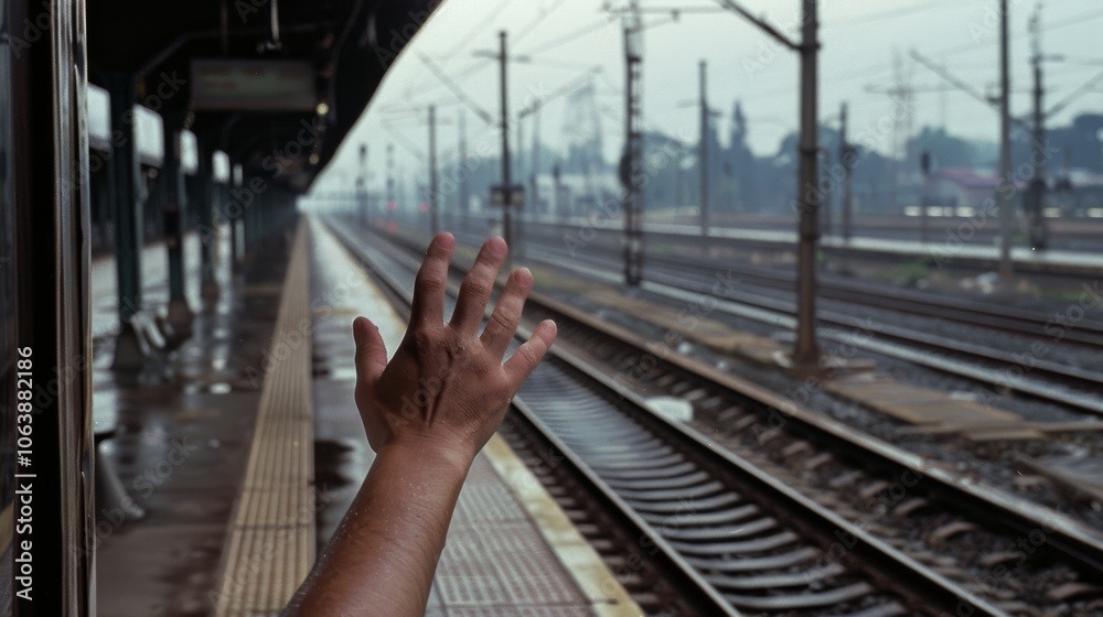 A hand waves goodbye from a train window on a misty platform ...