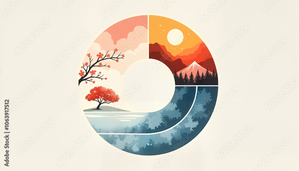 Circular illustration representing four seasons: spring, summer, autumn ...