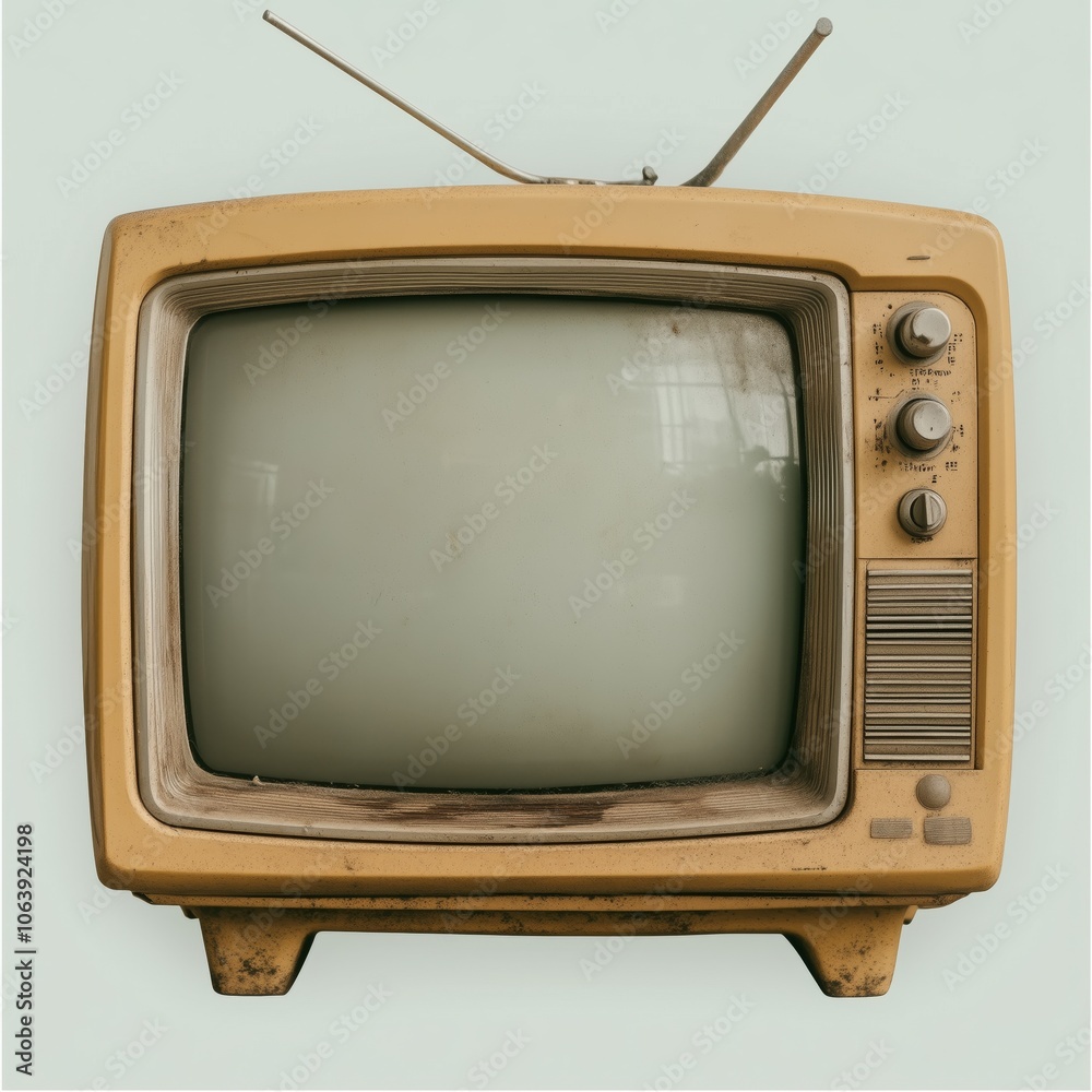 Vintage retro television set with antennas and knobs on light ...