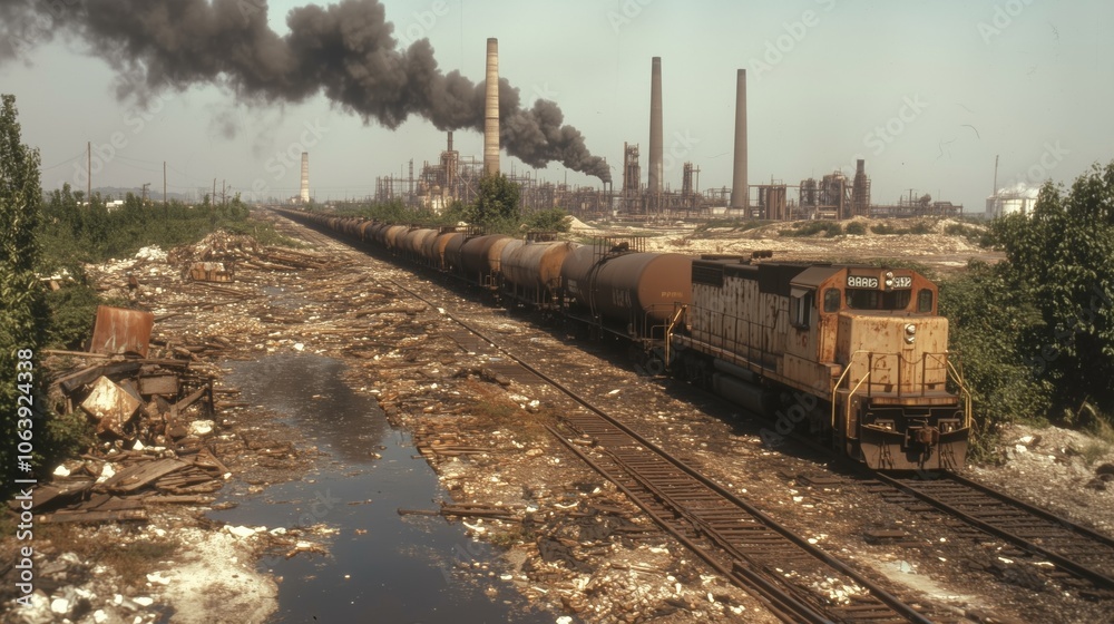Industrial freight train passing through polluted industrial landscape ...