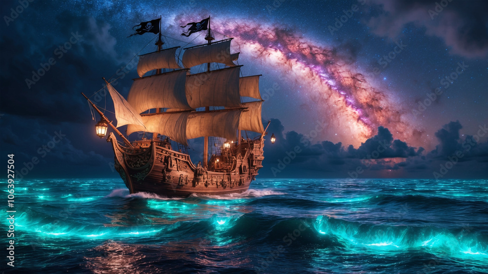 Pirate Ship on a Bioluminescent Ocean Sea, Galaxy of Stars in the Night ...