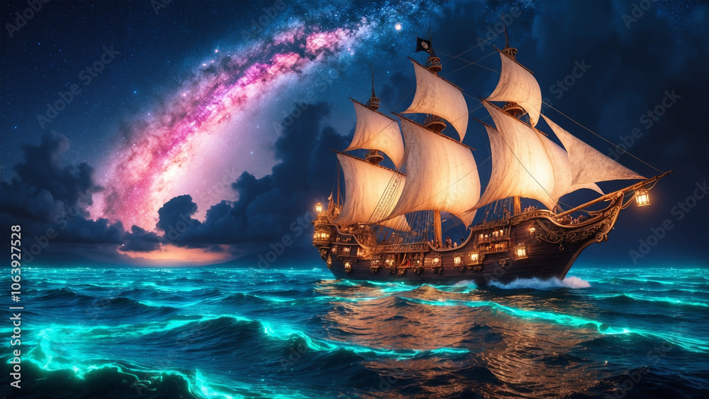 Pirate Ship on a Bioluminescent Ocean Sea, Galaxy of Stars in the Night ...
