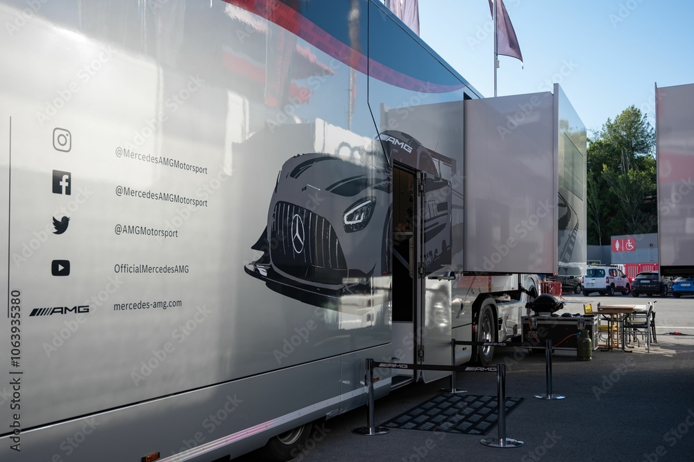 Detail of the home trailer of the Mercedes Benz AMG Motorsport team at ...