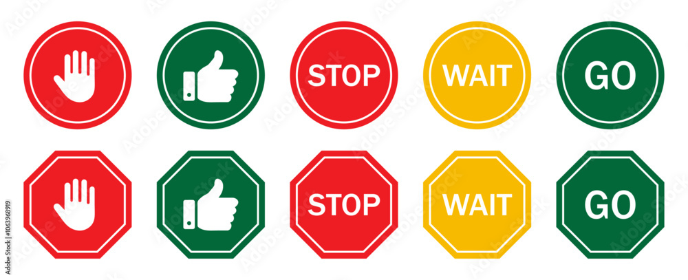 Stop, wait and go sign symbol set with red, yellow and green color ...