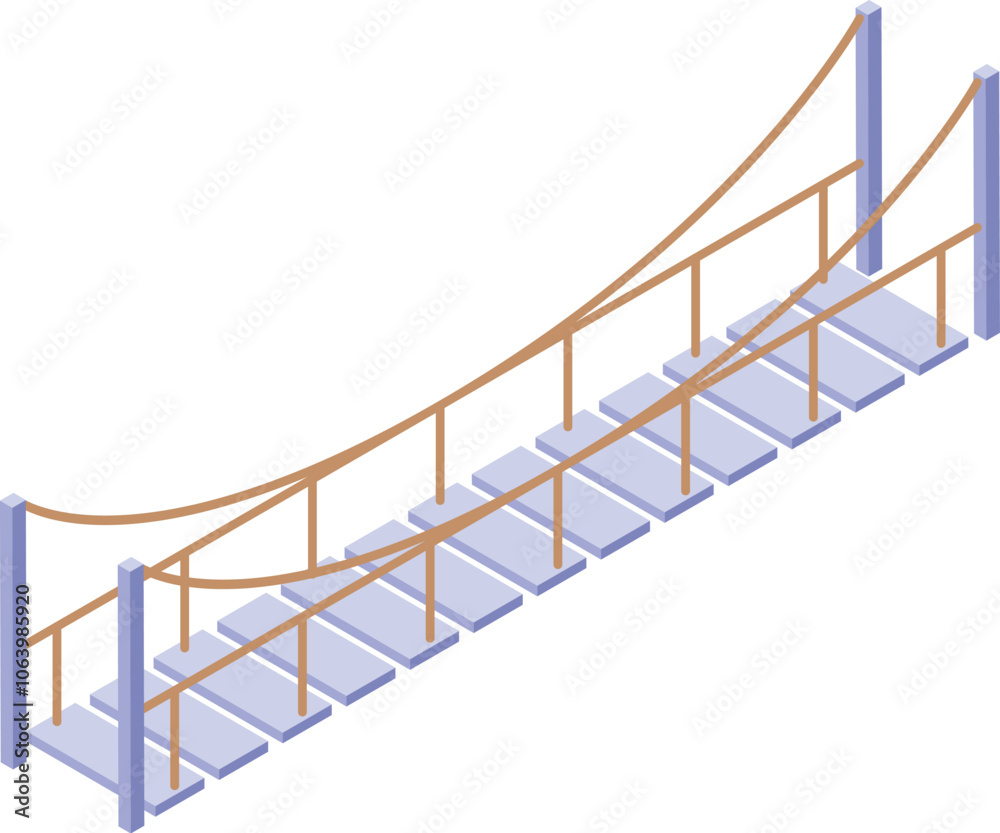 Isometric rope bridge made of wooden planks and support pillars ...