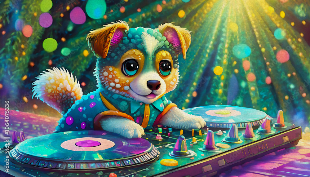 oil painting style CARTOON CHARACTER cute baby dog DJ doing record ...