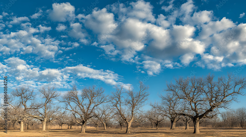 Expansive View of a Grove of Black Walnut Trees Beneath a Bright Blue ...
