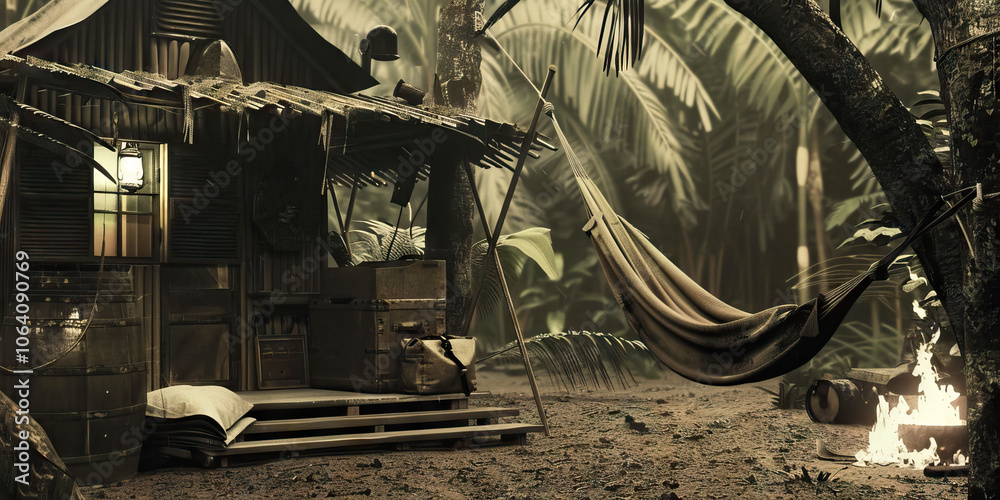Jungle Intrigue: A hidden outpost deep in the jungle, lit by a hammock ...