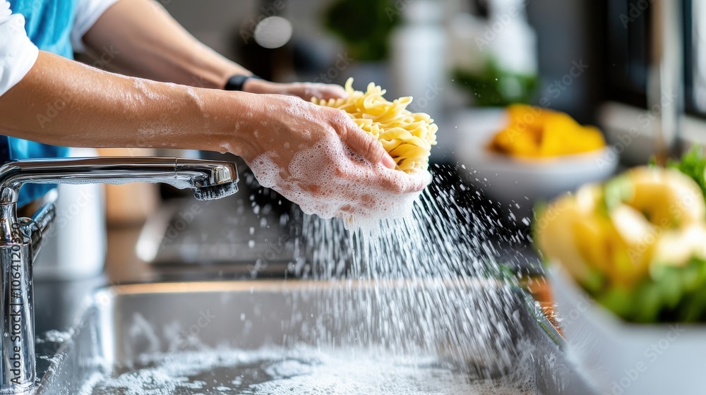 Pasta preparation scene with hands washing pasta under a sink nozzle ...