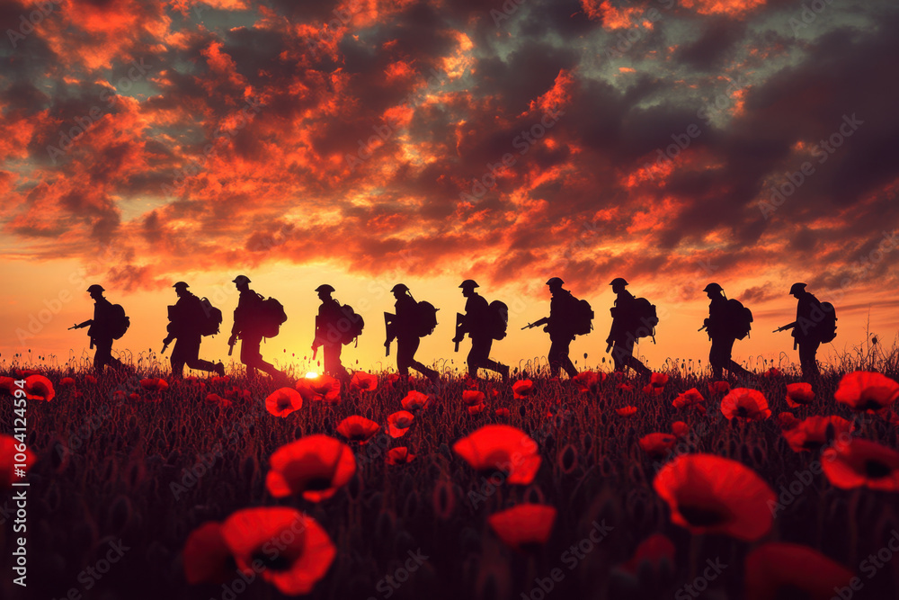 Silhouette of soldiers in red poppy flowers and dramatic sky background ...