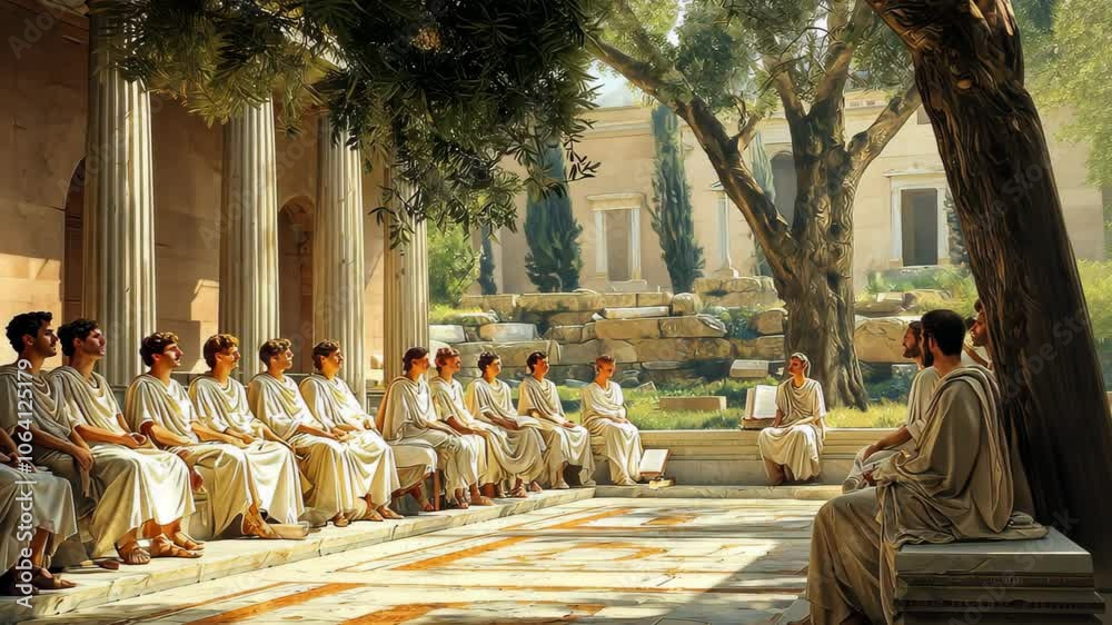 Ancient Greek Philosophy School with Students in White Togas and ...