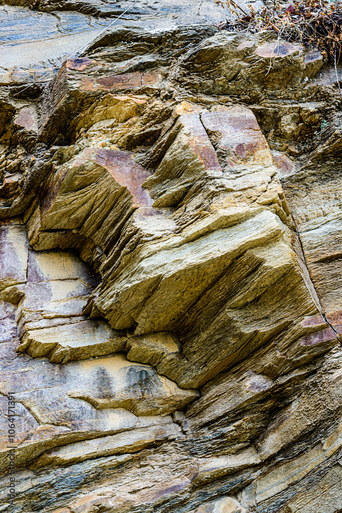 Nature force compressed cracked rock layers structure formation close ...