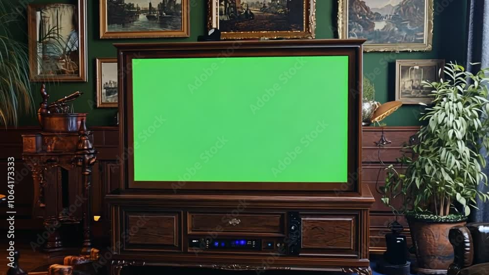 Old retro box tv with green screen mock up on table, Vintage television ...