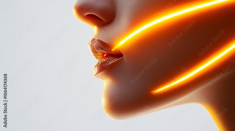 Youthful woman's face, golden skin-lifting lines tracing her cheekbones ...