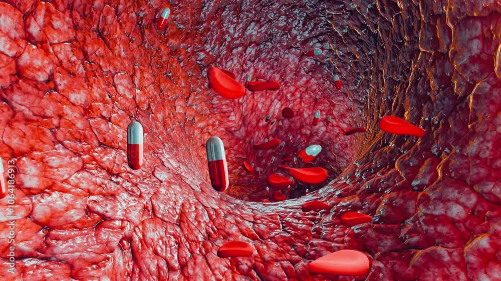 Red blood cells and pills flow through blood vessels, demonstrating the ...