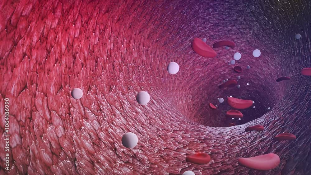 Red blood cells and pills flow through blood vessels, demonstrating the ...