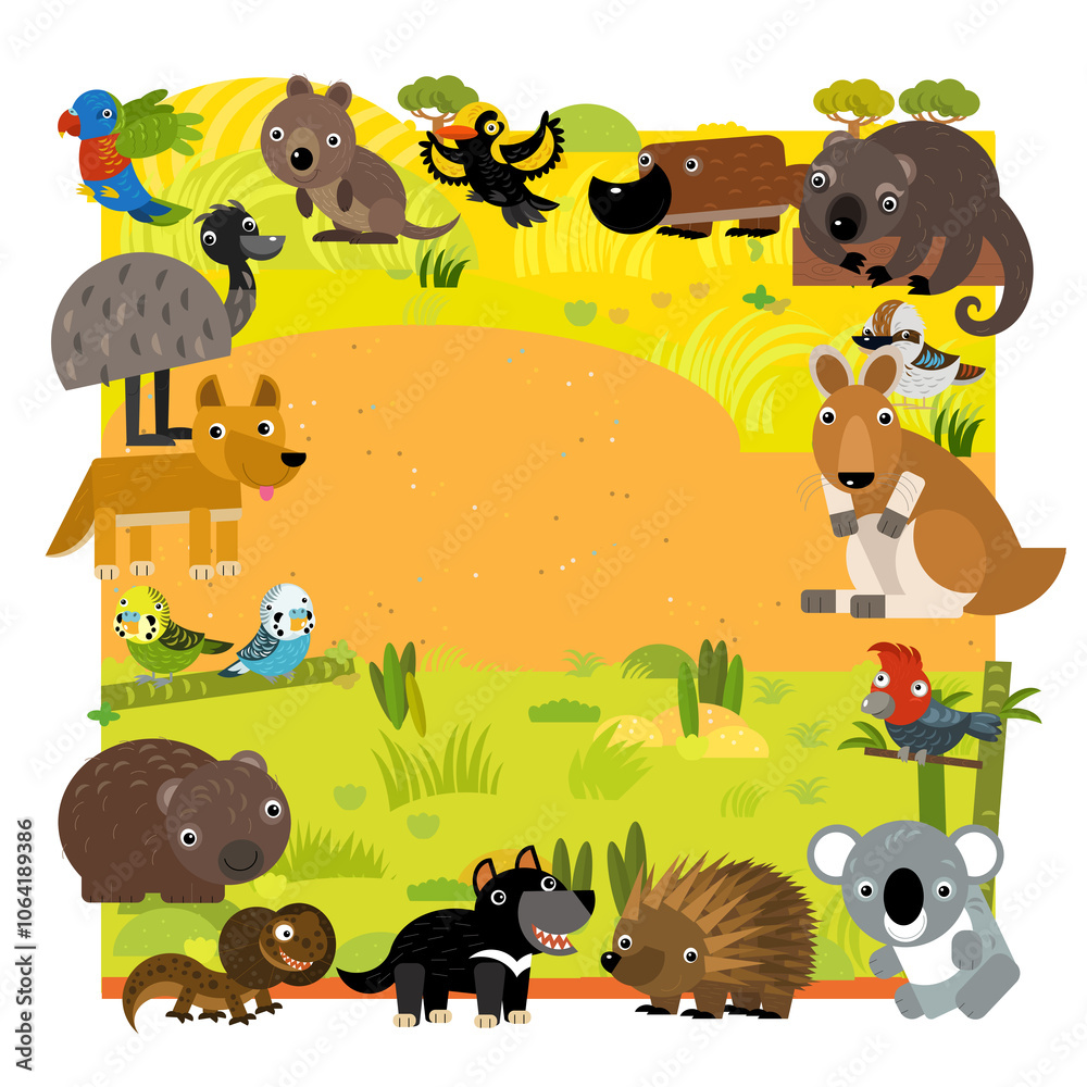 cartoon scene with frame border template with australian animals like ...