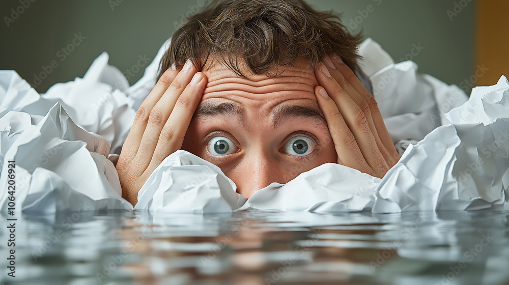 Overwhelmed man surrounded by crumpled papers and rising water in ...