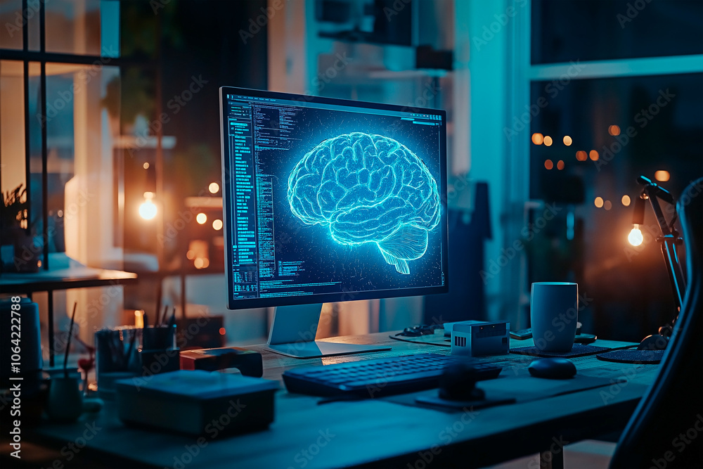 Modern workspace featuring a glowing brain graphic on the screen ...