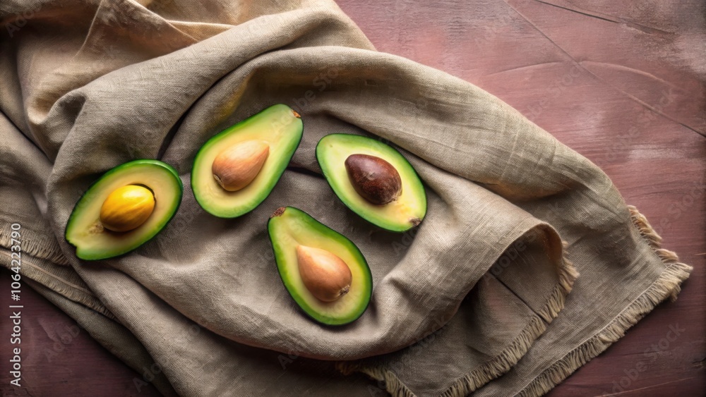 Avocado-themed still life on dusty rose fabric , Avocado, peel, pit ...
