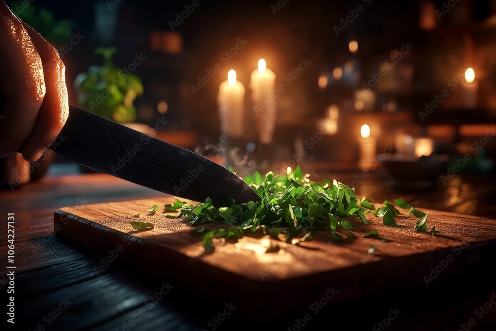 A gothic kitchen with a dark, old-fashioned knife chopping herbs, with ...