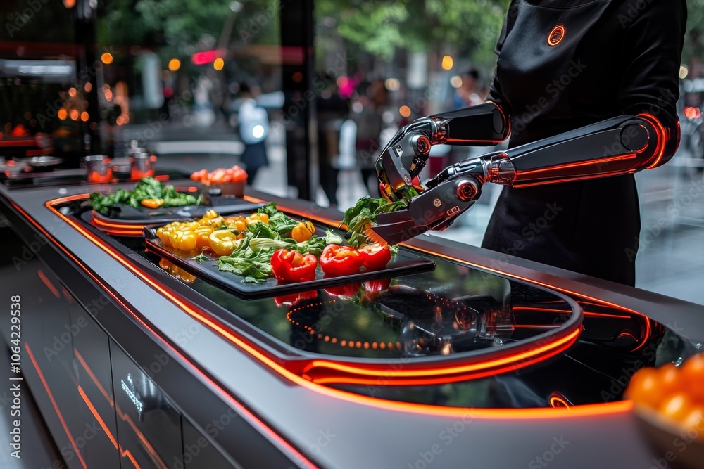 Futuristic robot arm chopping vegetables on a sleek countertop, with ...