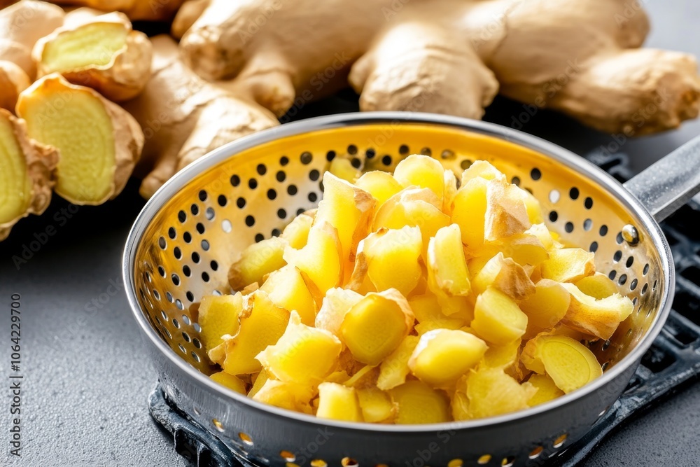 Grating ginger into a bowl for marinade, with fine, aromatic curls ...