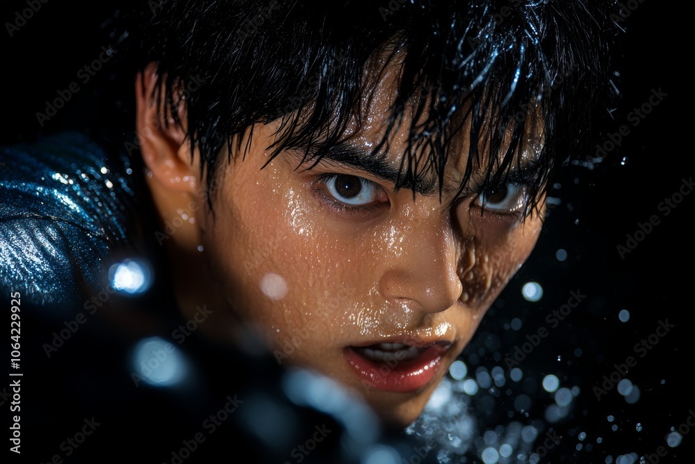 Hyper-realistic close-up of a personâ€™s face, sweat beading as they ...