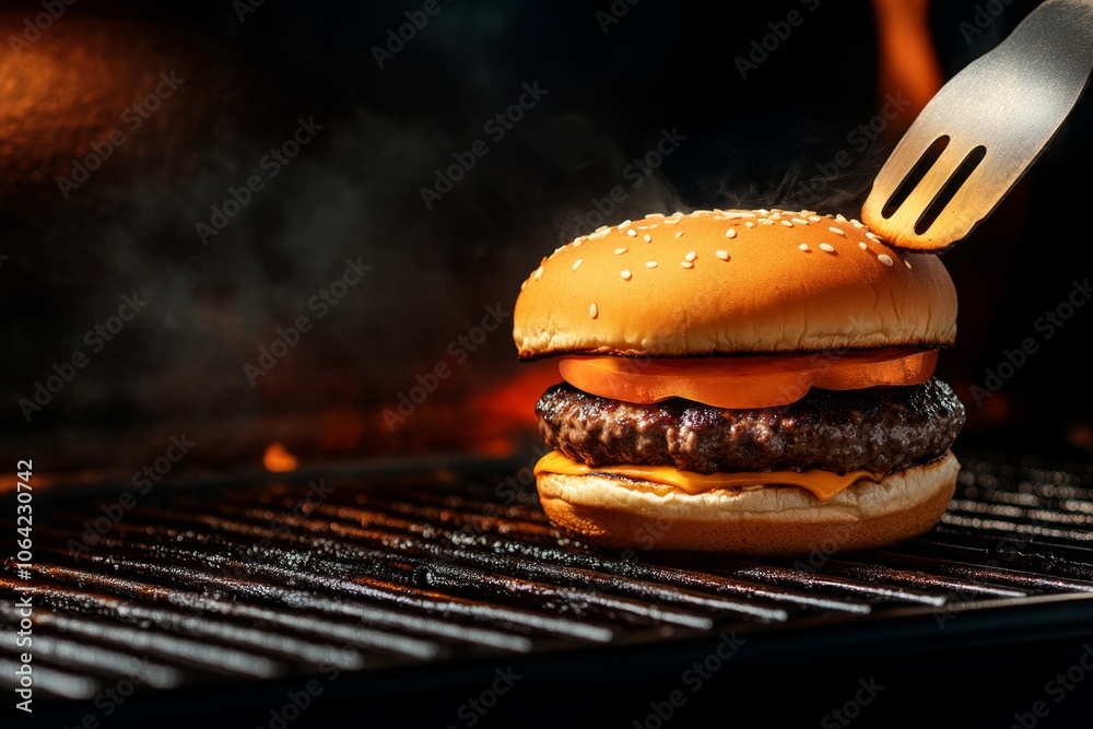 Old-fashioned illustration of a burger being flipped on a grill, with ...