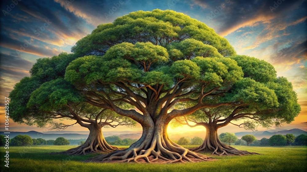 A sprawling tree of life with multiple trunks and branches intertwined ...