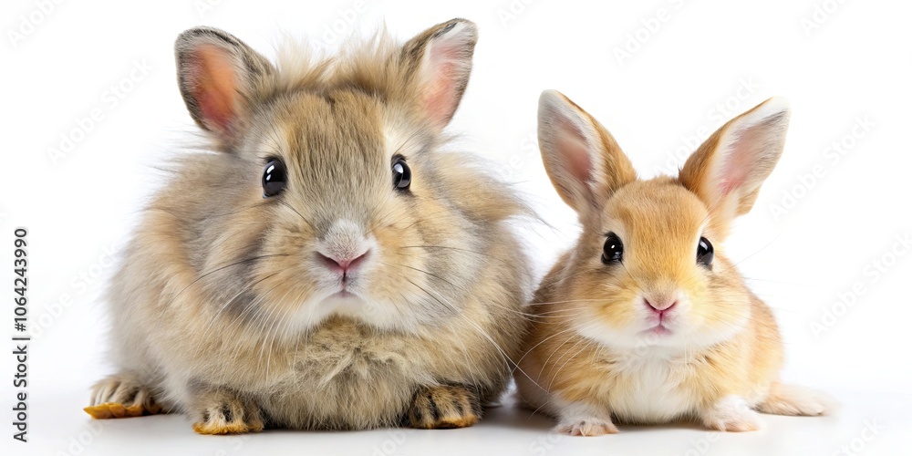 Cute fluffy pygmy rabbit and golden hamster together in a playful pose ...