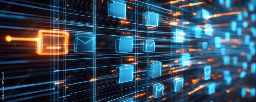 A computer screen with many blue and orange boxes that are labeled with ...