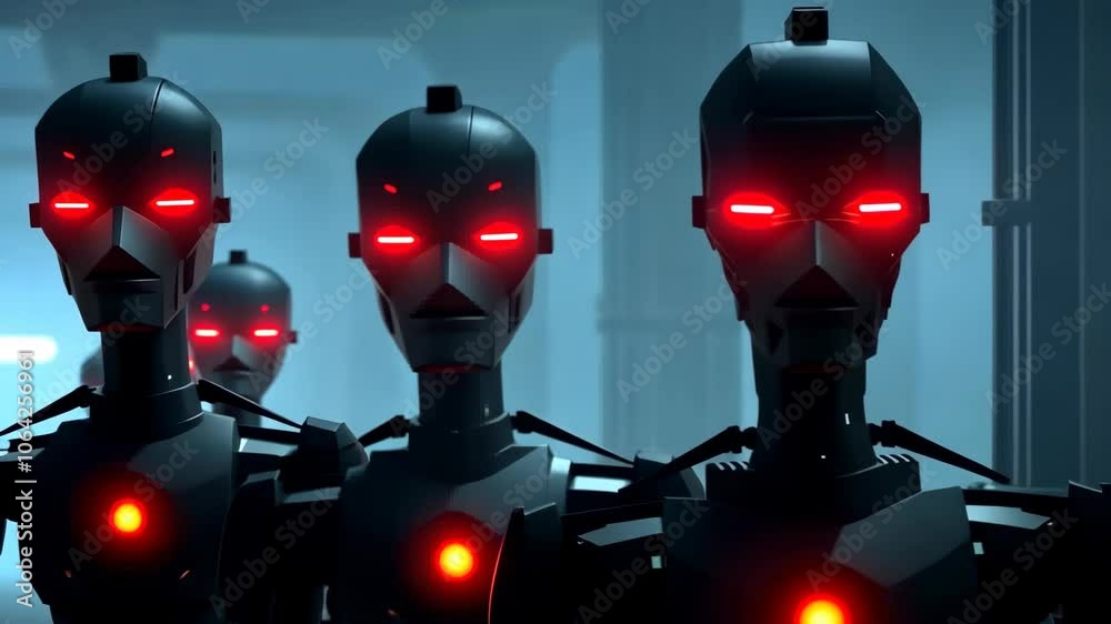 Futuristic Robot Army With Red Glowing Eyes In Dark Corridor, Sci-Fi ...