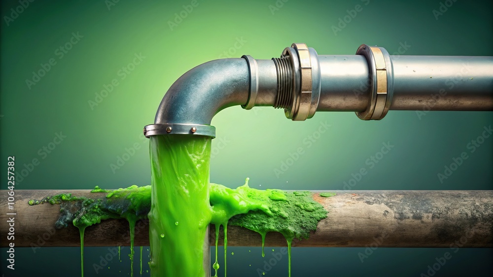 mysterious green goo drips from a cracked pipe, mildewy, industrial ...