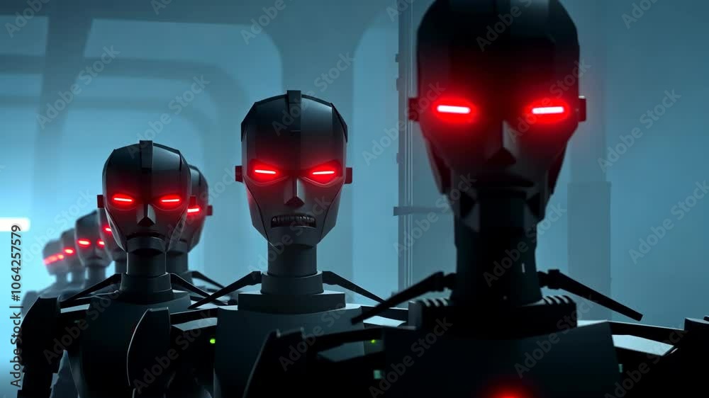 Futuristic Robot Army With Red Glowing Eyes In Dark Corridor, Sci-Fi ...