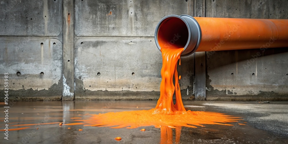 Orange slime flows through a narrow pipe under a cracked concrete floor ...