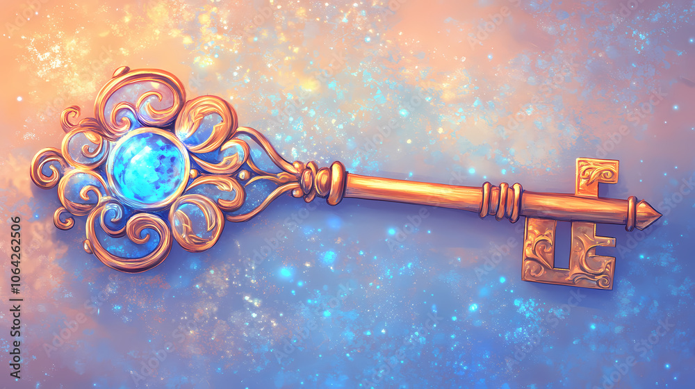 high-resolution drawing of a cute magic key with enchanting details and ...