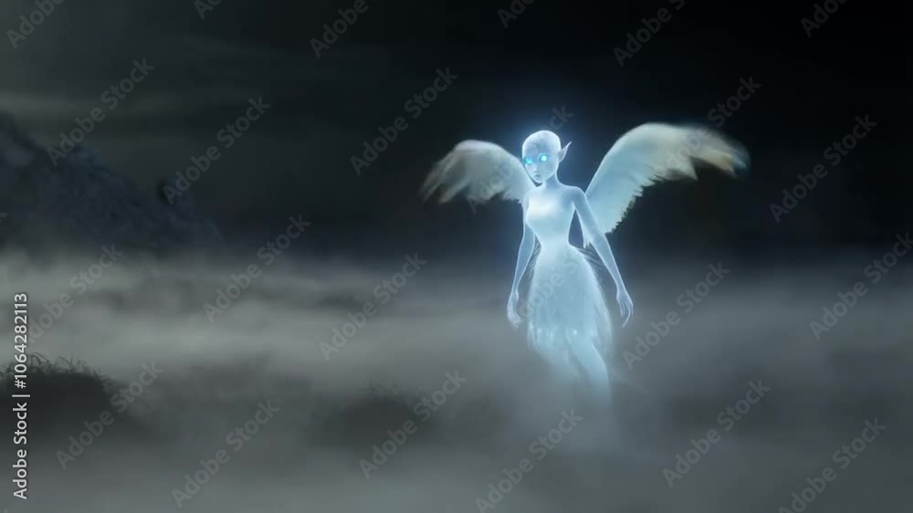 Ghostly figure appears in the swirling fog Haunting ghost with wings ...