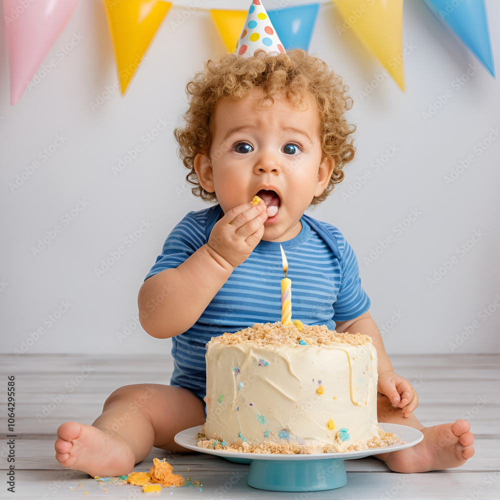 One year old kid eating a slice of birthday smash cake by himself ...