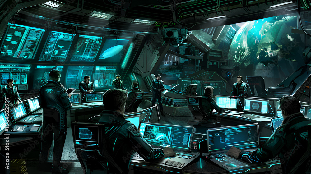 A futuristic, high-tech command center with multiple workstations ...
