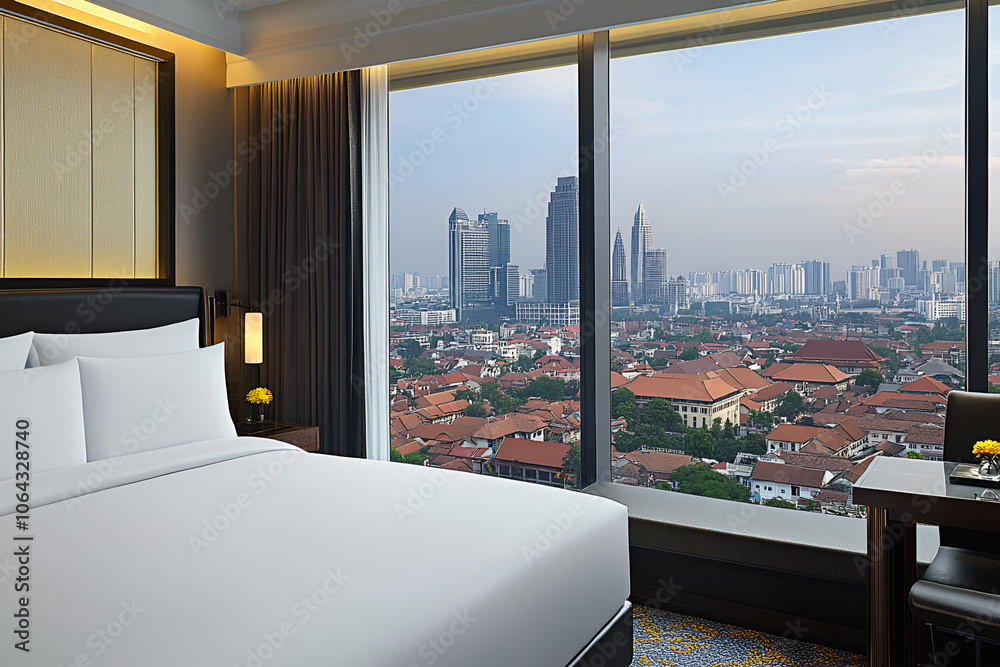 Modern hotel room with a comfortable bed, large windows, and stunning ...