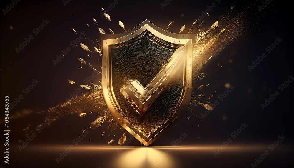 A sparkling golden shield with a check mark amidst a burst of light ...