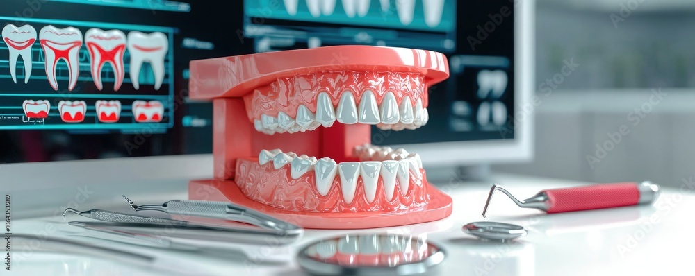 A dental model displays teeth and gums next to dental tools and imaging ...
