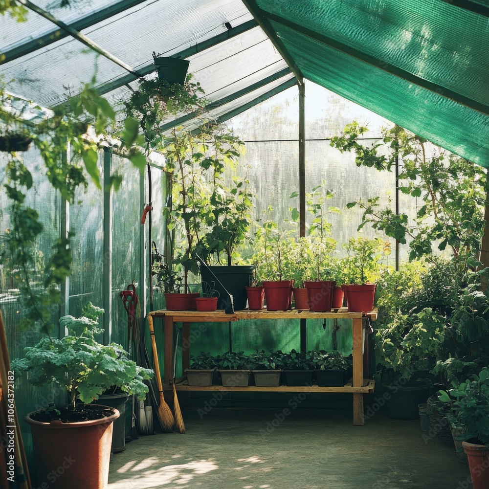 The interior of a small greenhouse on a bright day, featuring a green ...