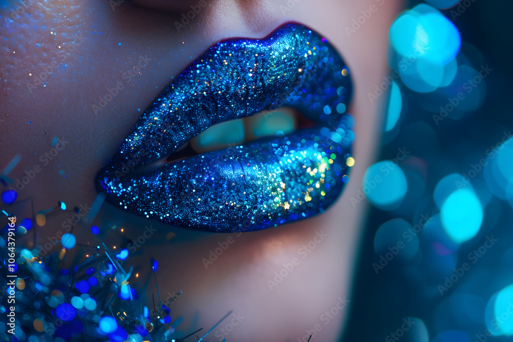 Extreme close up on woman lips with blue lipstic and gliter. Fashion ...
