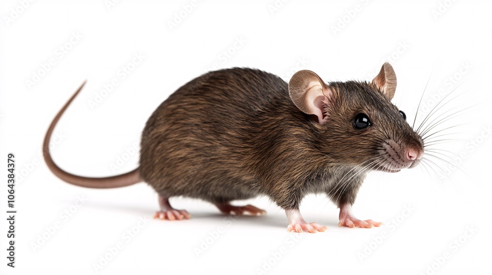 50.A detailed image of an adult rat standing sideways on a white ...