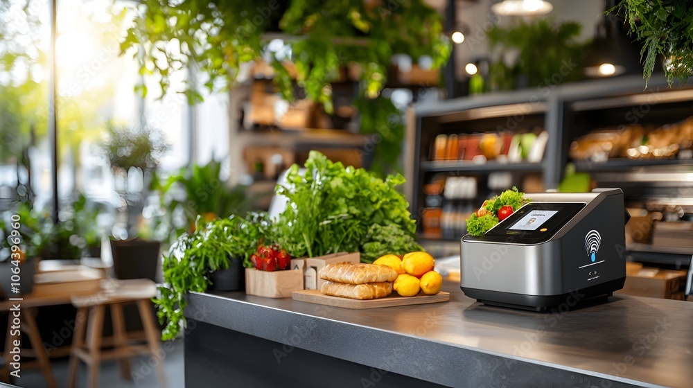 A modern automated checkout system in a retail shop featuring facial ...