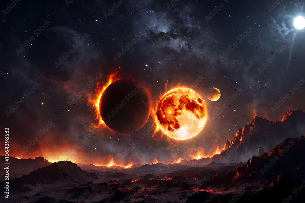 A vivid display of a planet consumed by flames amidst a backdrop of ...